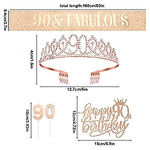 LUTER 5pcs 90th Birthday Crown and Sash Set, Sweet Rhinestone Tiara Queen Sash with Pin Cake Toppers Candles Birthday Decorations for Girls Women (Pink)