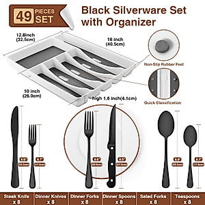 49-Piece Black Silverware Set with Organizer, Stainless Steel Flatware Set with Steak Knives for 8, AIKKIL Cutlery Set for Home Restaurant, Food-Grade Knives Forks and Spoons Silverware Set