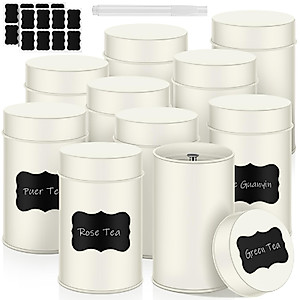 Roshtia 10 Pack Tea Tin Canister Round Metal Containers for Tea Airtight Canisters Double Seal Tea Canisters Set with Label Stickers Pen for Loose Tea Coffee Sugar Candy Herbs Storage Kitchen, Beige