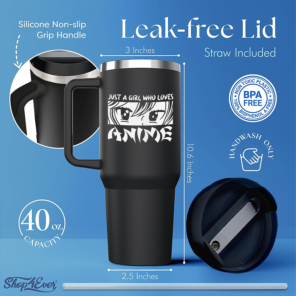 shop4ever Just A Girl Who Loves Anime Engraved Insulated Stainless Steel Tumbler with Handle, Lid, and Straw 40 oz. Anime Fans Anime Lovers Birthday Gift (Black)