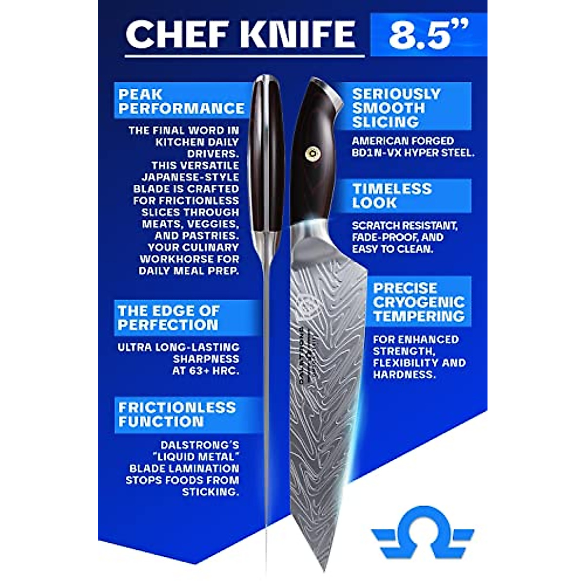 Dalstrong Kitchen Knife, Kiritsuke Chef Knife - 8.5 inch - Omega Series - American BD1N-VX Hyper Steel - Razor Sharp Knife - Acacia Wood Display Stand, Cooking Knife, Collection Set, Leather Sheath