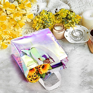 Suwimut 6 Pack Clear Tote Bag, 12 x 12 x 6 Inch Stadium Approved Hologram Large Clear Bags Iridescent Handbag PVC Plastic Tote Bag for Sports Games, Work, Security Travel, Stadium Venues or Concert