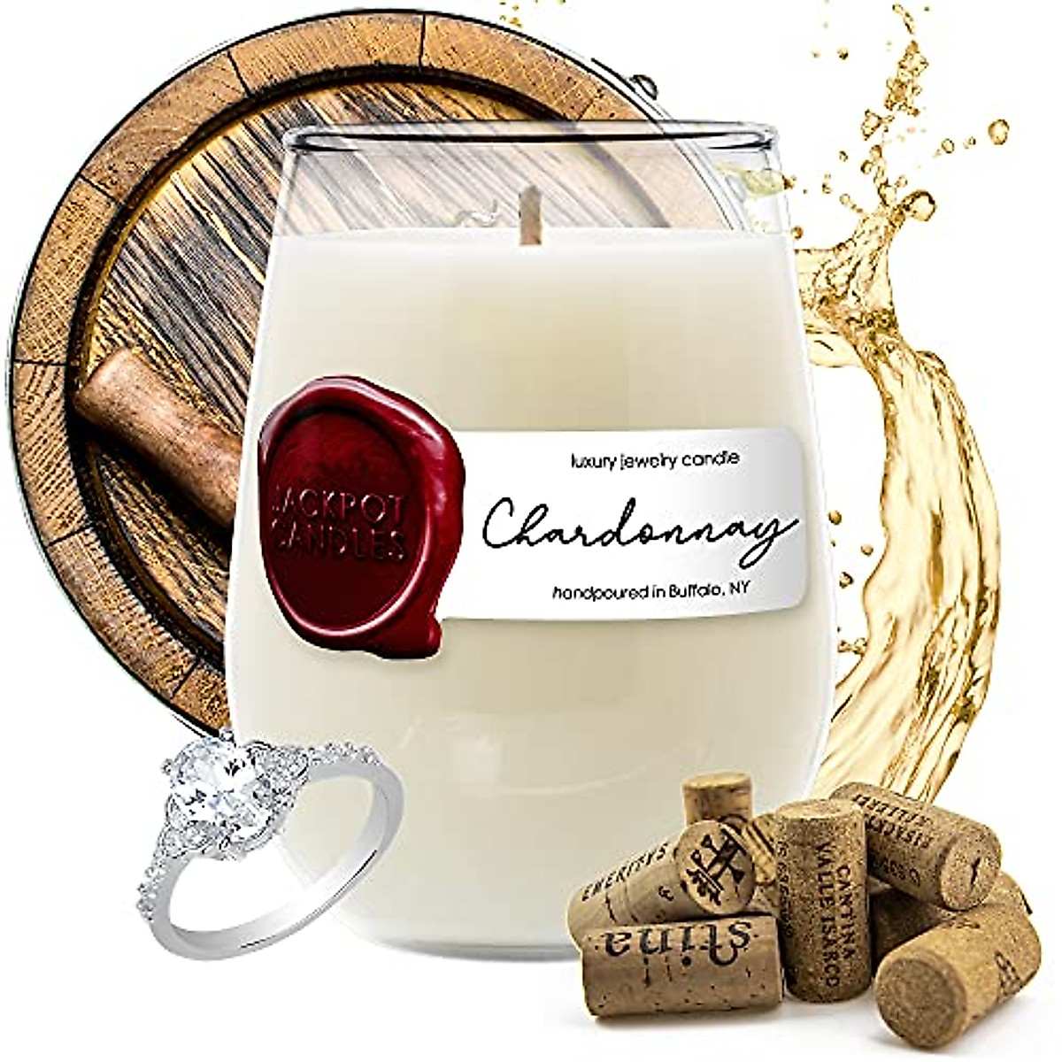 Jackpot Candles Chardonnay Wine Glass Candle with Ring Inside (Surprise Jewelry Valued at 15 to 5,000 Dollars) Ring Size 7