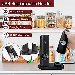 Electric Salt and Pepper Grinder Set - USB Rechargeable,LED Light,Adjustable Coarseness,TEITOP Automatic Pepper and Salt Mill Grinder Set with Charging Base(Black 2 Mills)