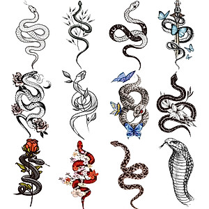 Ooopsiun 12 Large Sheets Snake Temporary Tattoos For Men Women, Cool Waterproof Body Fake Tattoo Sticker for Aldult 3D Cobra Mamba Viper Arm Tattoos