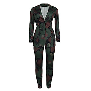 2 Piece Outfits for Women Camouflage Print Long Sleeve Blazer and Skinny Long Pants Set Clubwear