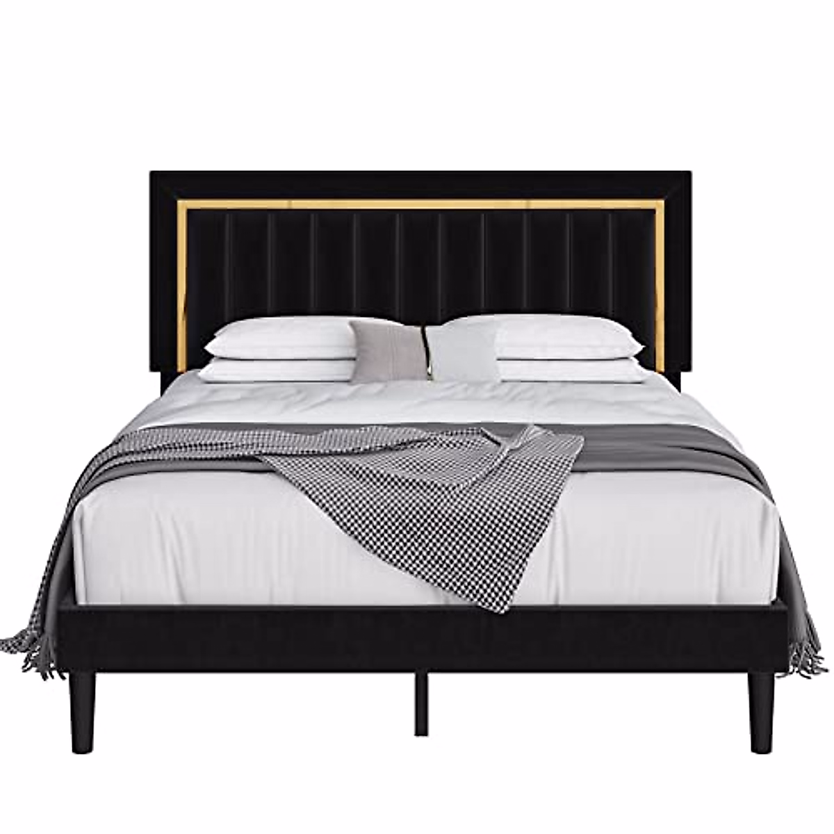 HITHOS Full Size Bed Frame with Adjustable Tufted Headboard, Velvet Upholstered Platform Bed Frame with Gold Trim, Heavy Duty Mattress Foundation with Steel Frame, Easy-Assembly Slats (Black, Full)