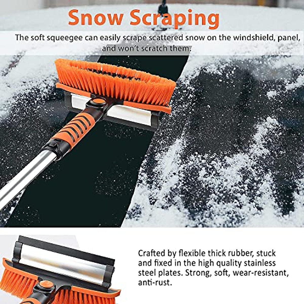 ATDIAG 41" Snow Brush and Ice Scraper for Car Windshield,270° Pivoting Brush Head with Squeegee,Telescoping Ice Scraper, Foam Grip,3 in 1 Extendable Snow Scraper and Brush for Car Trucks SUV, Orange