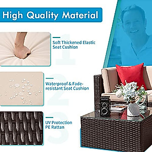 Rankok 5 Pieces Patio Furniture Sectional Outdoor PE Rattan Wicker Lawn Conversation Cushioned Garden Sofa Set (Beige) …