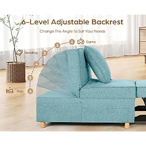 SEJOV Sleeper Sofa Chair Bed,4-in-1 Convertible Sofa Bed Chair with 6 Adjustable Backrest and Pillow, 3-Seat Pull Out Sleeper Chair Linen No Backrest for Bedroom Small Space Living Room, Sky Blue