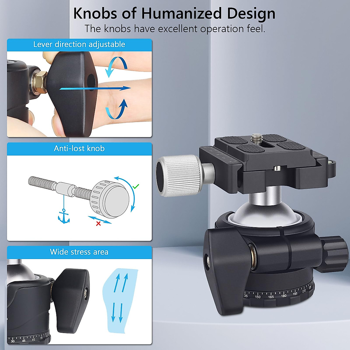 Low Profile Tripod Ball Head 36mm Stability Panoramic Tripod Head 360 Rotating Metal Ballhead with 1/4 inch Arca QR Plate for DSLR Cameras Tripods Monopods Camcorder Slider Max Loading 44.1lbs/20kg