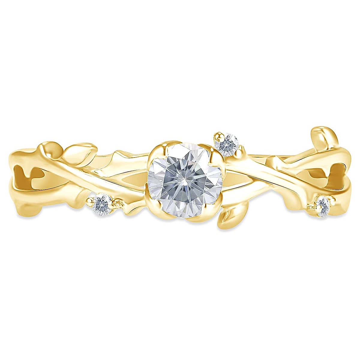 SAVEARTH DIAMONDS Twisted Leaf Design, 1/2 Carat Center Round Cut Moissanite Lab Created Diamond Solitaire Engagement Promise Ring In 14k Yellow Gold Over Sterling Silver (0.55 Cttw) Size-8