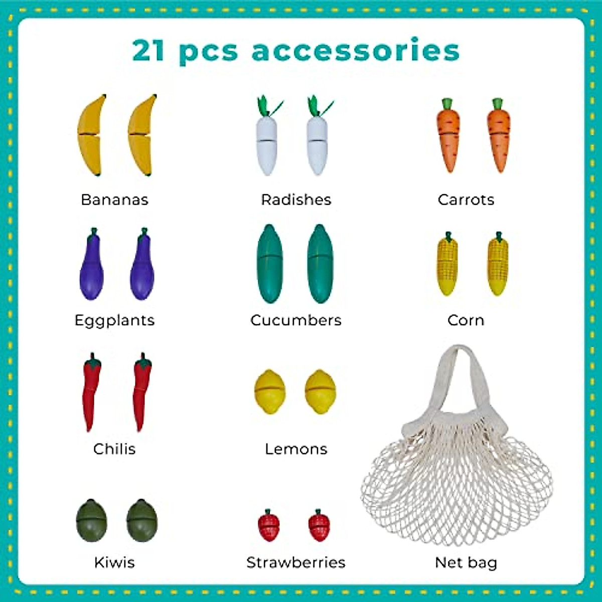 Teamson Kids Little Chef Frankfurt 21 Piece Wooden Pull-Apart Produce Food Set with Fruits and Vegetables Plus Mesh Grocery Shopping Bag, Multicolor , Green