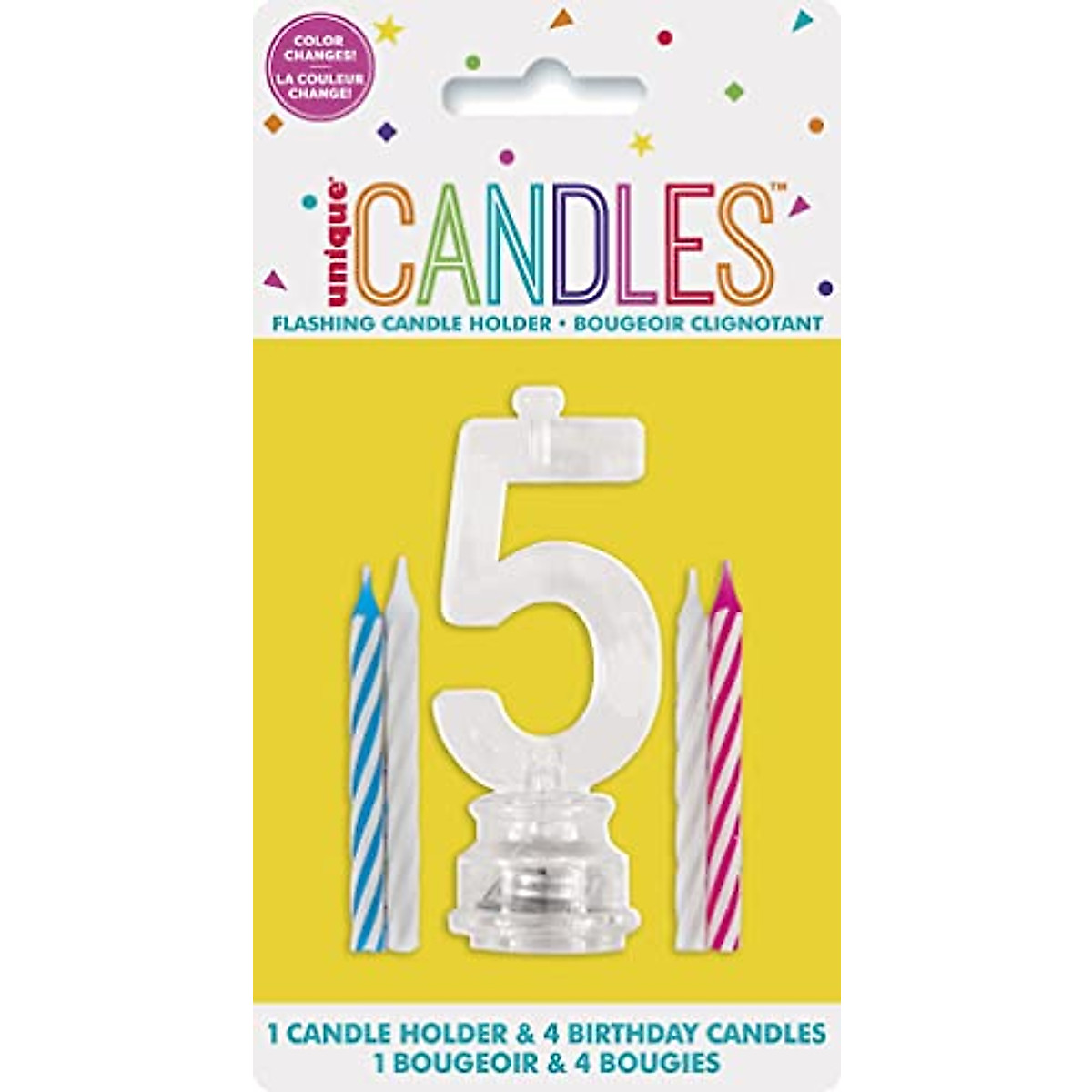 Unique Number 5 Flashing Candle Holder & Candles, 3", Multicolor
