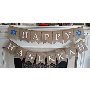 Happy Hanukkah Banner Chanukah Decorations - Judaica Burlap Party Garland Bunting - Ready to Hang Hanukkah Garland - Festive Decor Photo Prop Backdrop by Jolly Jon