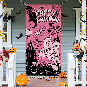 Pink Halloween Door Decorations Happy Halloween Door Cover Pastel Halloween Ghost Haunt Trick or Treat Spooky Pumpkin Hanging Banner Vintage Halloween Party Supplies
