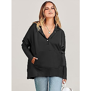ANRABESS Women Casual Henley Hoodies Oversized Sweatshirt Ribbed Knit Long Sleeve Shirts Buttons V Neck Loose Baggy Sweater Hooded Pullover Fashion 2023 Fall Clothes 1064heise-S Black