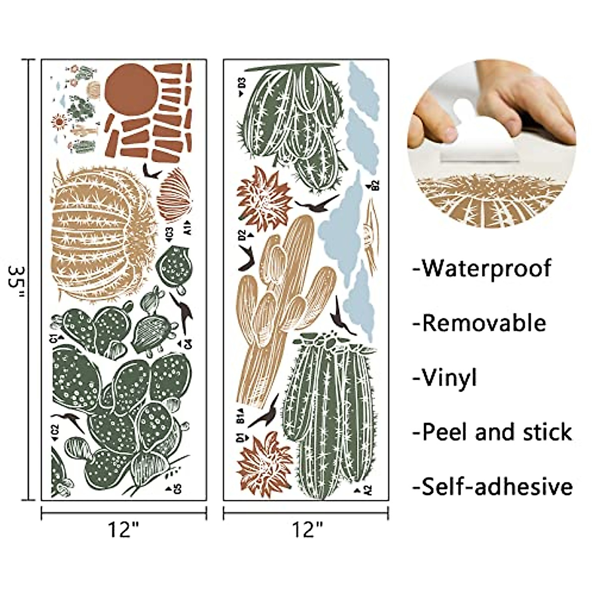 Mfault Boho Cactus Botanical Wall Decals Stickers, Bohemian Cacti Green Plant Sun Cloud Bird Nursery Decorations Kids Bedroom Art, Neutral Toddlers Room Classroom Playroom Decor