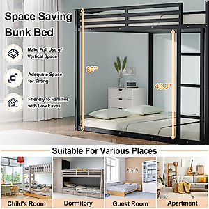 iRoll Full Over Full Bunk Bed, Metal Bunk Bed with Built-in Ladder and Full-Length Guardrail, Low Floor Bunk Beds for Boys Girls & Adults, Noise Free, No Boxing Spring Needed, Space Saving, Black