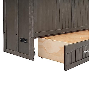DHPM Queen Size Mobile Murphy Bed Chest with Built-in Charging Station and Big Storage Drawer, Traditional Solid Wood Murphy Cube Cabinet Bed Platform Bed for Small Room Guest Room Office