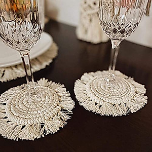 Hygge & Cwtch Handcrafted Macrame Coasters Set of 4 - Handmade Cotton Rope Woven Macrame Coaster with Tassel | Boho Home Decor Mugs and Cups Pads for Drinks, Wine Glass Table Countertop Office
