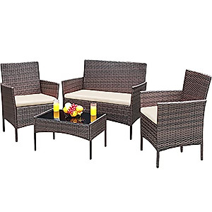 Greesum Patio Furniture 4 Pieces Conversation Sets Outdoor Wicker Rattan Chairs Garden Backyard Balcony Porch Poolside loveseat with Soft Cushion and Glass Table, Brown and Beige
