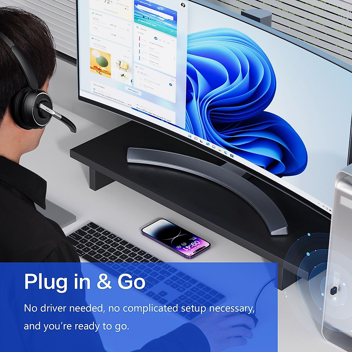 PrancyBt Bluetooth Headset, Wireless Headset with Microphone for PC, V5.2 Computer Headset with Noise Cancelling Mic, USB Dongle, Charging Base & Mute Button for Work, Cell Phones, Computer (Black)