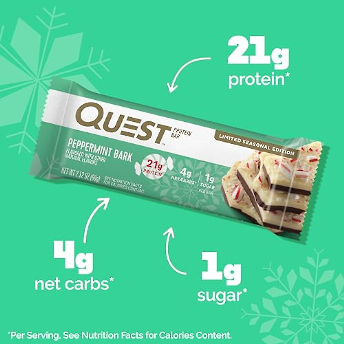 Quest Nutrition Peppermint Bark Protein Bar, 21g Protein, 4g Net Carb, 1g Sugar, Gluten Free, 12 Count