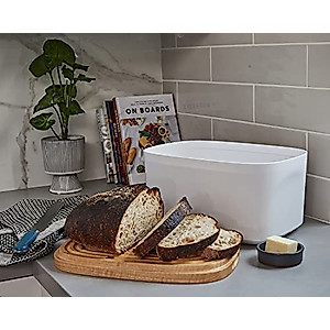 Sonder Los Angeles, Modern Bamboo Fiber (White) Bread Box for Kitchen Countertop with Reversible Wood Serving Lid, Homemade Bread Storage 14.25 x 9.25 x 7in, Storage Bin and Bread Container