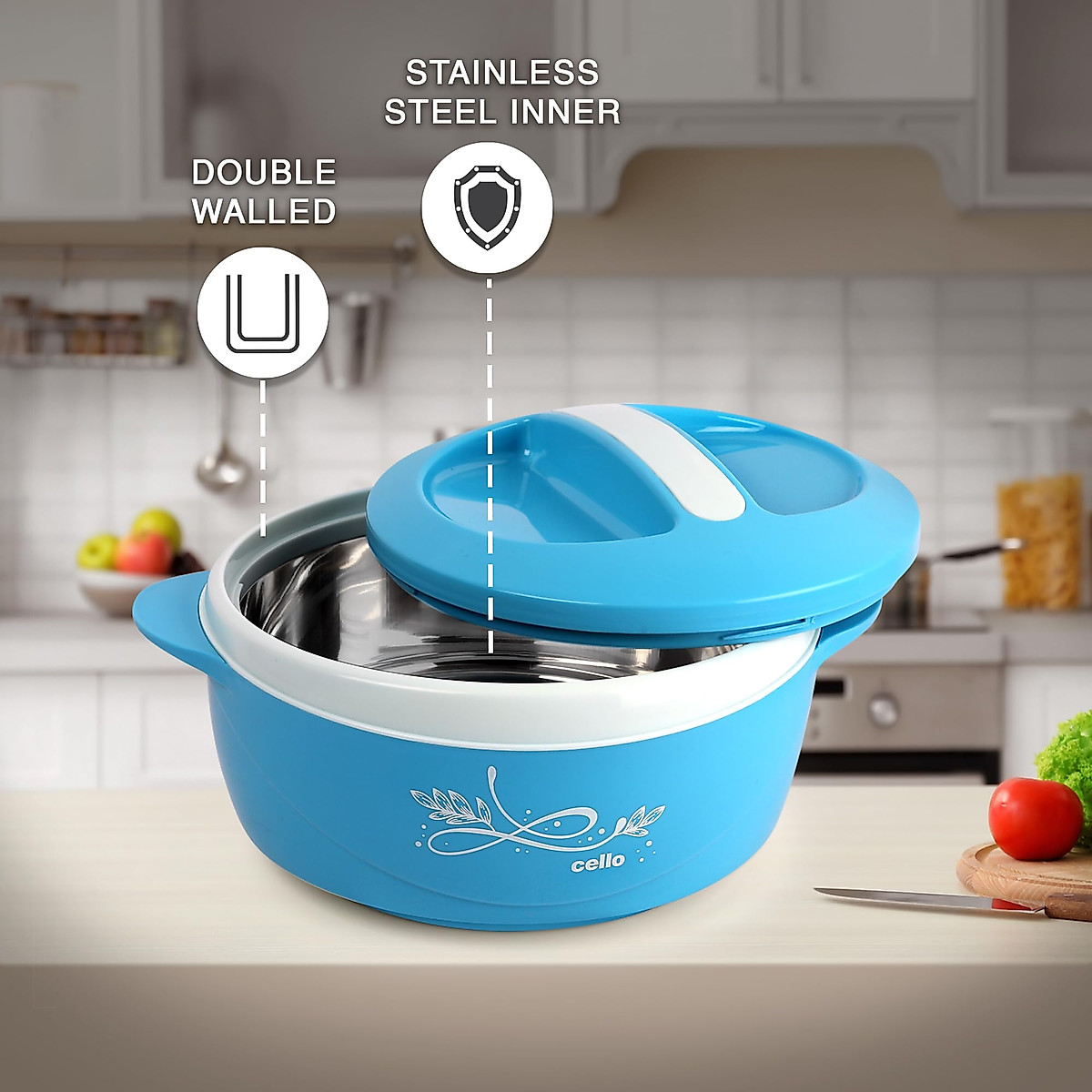 Cello Sapphire Stainless Steel Insulated Food Server Casserole | BPA Free | Durable, Break Resistant and Dishwasher Safe (51oz, Blue)