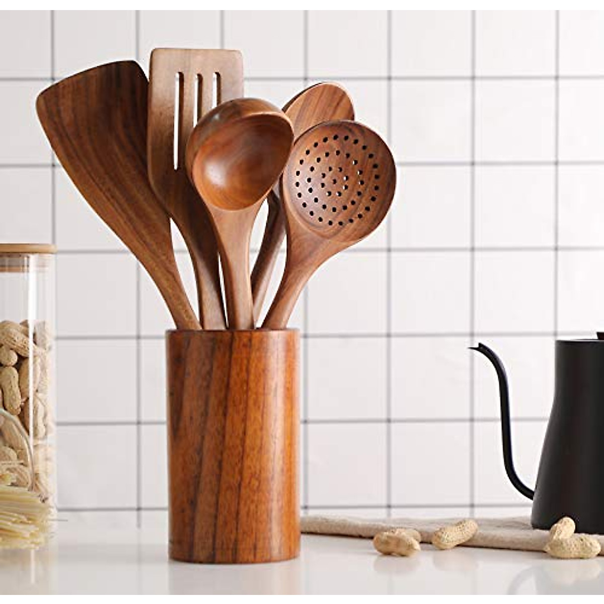 Wooden Spoons for Cooking, Tmkit Cooking Utensils Set of 6 Natural Teak Wooden Cooking Spatulas with Utensils Holder Comfort Grip Wooden Kitchen Utensils for Nonstick Cookware