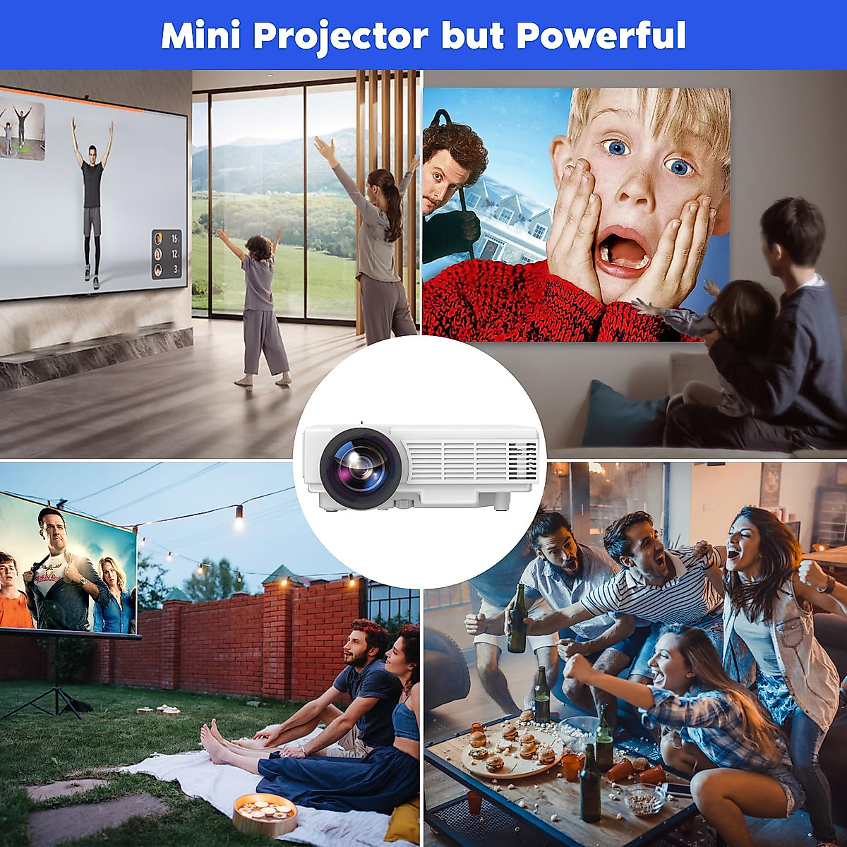 Mini Projector, Portable Projector for iPhone, Full HD 1080P Supported Movie Projector, Portable Video Projector Compatible with TV Stick, Phone, HDMI, USB, TF