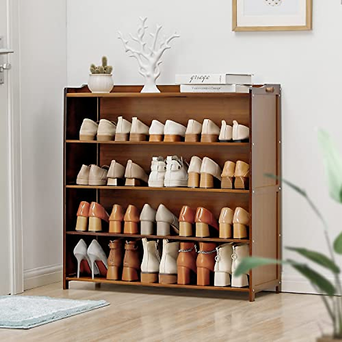 MoNiBloom Bamboo Shoe Storage Cabinet, Freestanding 5 Tier Shoes Organizer for 16-20 Pairs Living Room Entryway Office Mudroon Bedroom Balcony, Brown