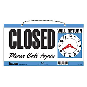Headline Sign 9395 Double-Sided Open/Closed/Will Return Sign with Clock Hands, 6" x 11.5", Blue