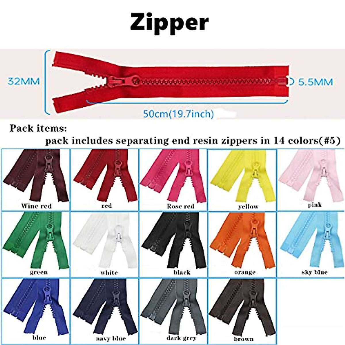 Zippers Colorful Resin Zippers #5 Plastic Zippers with Lifting Ring Pull Separating Zippers for Clothes DIY Handbags Sewing Craft Bags Mixed 14 Colors Resin Zippers (50cm/20inch)