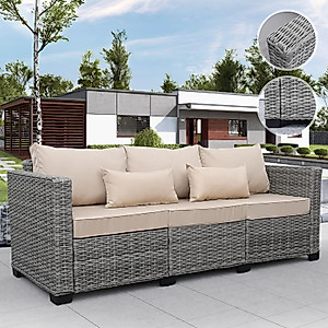 Rattaner Patio Furniture 3-seat Sofa Grey Wicker Outdoor Furniture Outdoor Couch Deep Seat Hight Backrest with Waterproof Cover, Khaki Anti-Slip Cushions