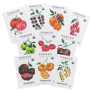 Sereniseed Certified Organic Tomato Seeds (10-Pack) – Non GMO, Open Pollinated – Cherokee Purple, Chocolate Cherry, Green Zebra, Brandywine Pink, Black Krim and More - Tomato Seeds for Planting