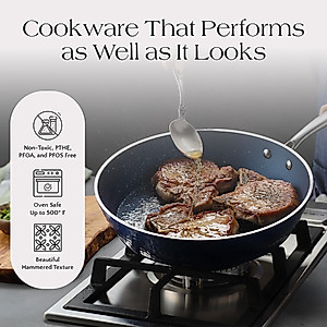 OrGreenic Blue Hammered Collection - Non-Toxic, Non-Stick Ceramic 3 Piece Cookware Set with Glass Lids, Scratch-Resistant, Oven Safe with Upgraded Handles, Safe Pan for All Stovetops