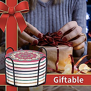 CHEFBEE Set of 8 Coaster for Drinks Absorbent Mandala Ceramic Coasters with Cork Base, Metal Holder, Stone Coasters Set Perfect for Wooden Table, Housewarming, Home and Dining Room Decor