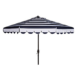 Safavieh PAT8011C Outdoor Collection Maui Navy and White Single Scallop Striped 9Ft Crank Push Button Tilt Umbrella