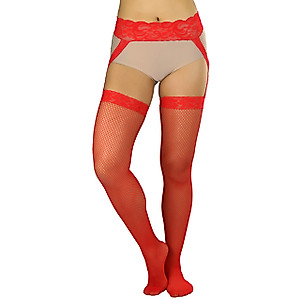 ToBeInStyle Women’s Flirtatious Hip Criss Cross Lace Fishnet Garter Belt Stockings - - Red (Queen)