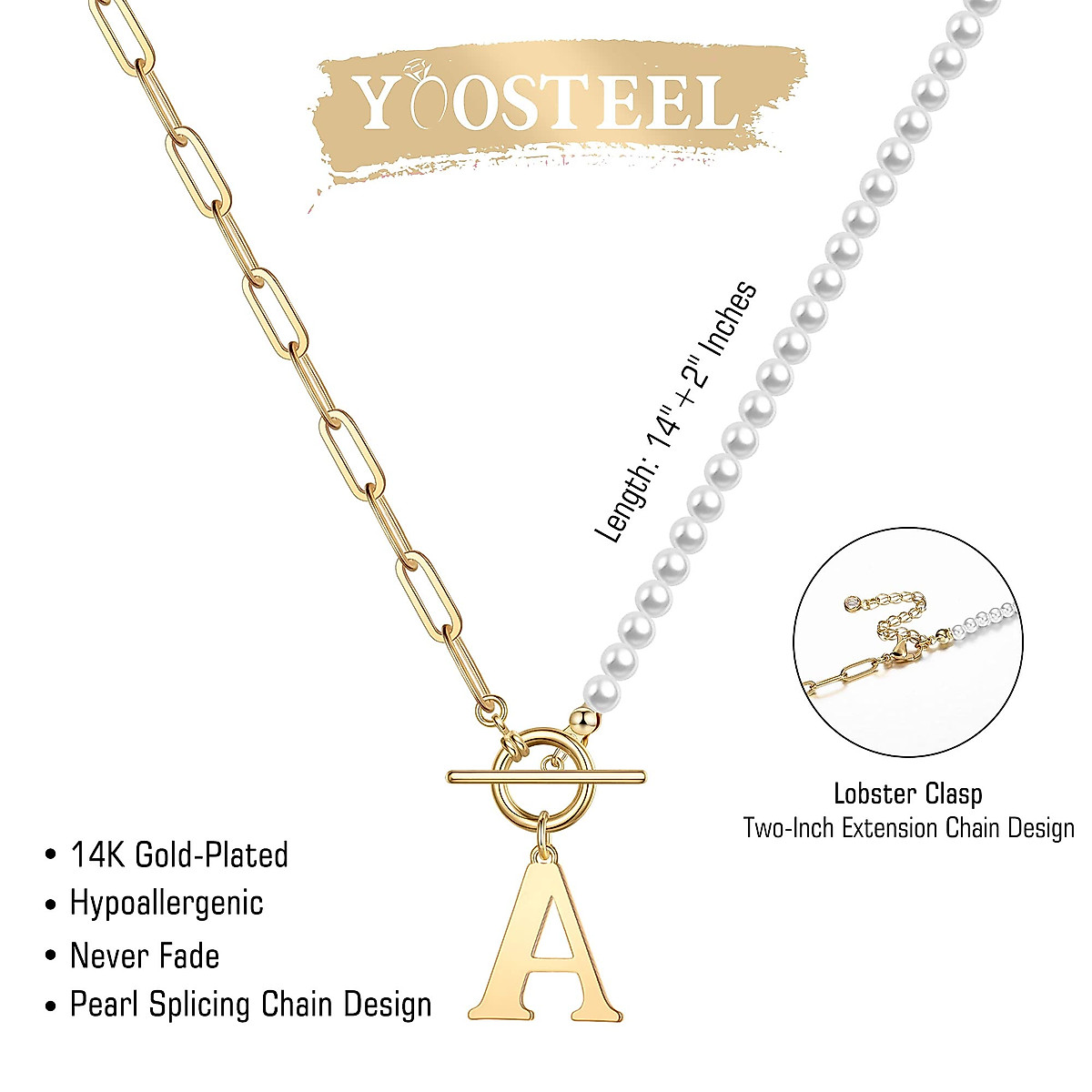 Dainty Initial Pearl Necklace for Women, 14K Gold Plated Paperclip Link Chain Necklace Toggle Clasp Necklace Initial Necklaces Gold Jewelry for Women Letter M