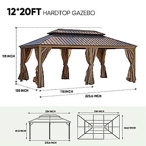 12' x 20' Outdoor Patio Gazebo All-Weather Heavy Duty Hardtop Gazebo Canopy Double Vented Roof Pergolas Galvanized Steel Aluminum Frame with Netting&Curtains for Garden/Lawns/Backyard/Parties