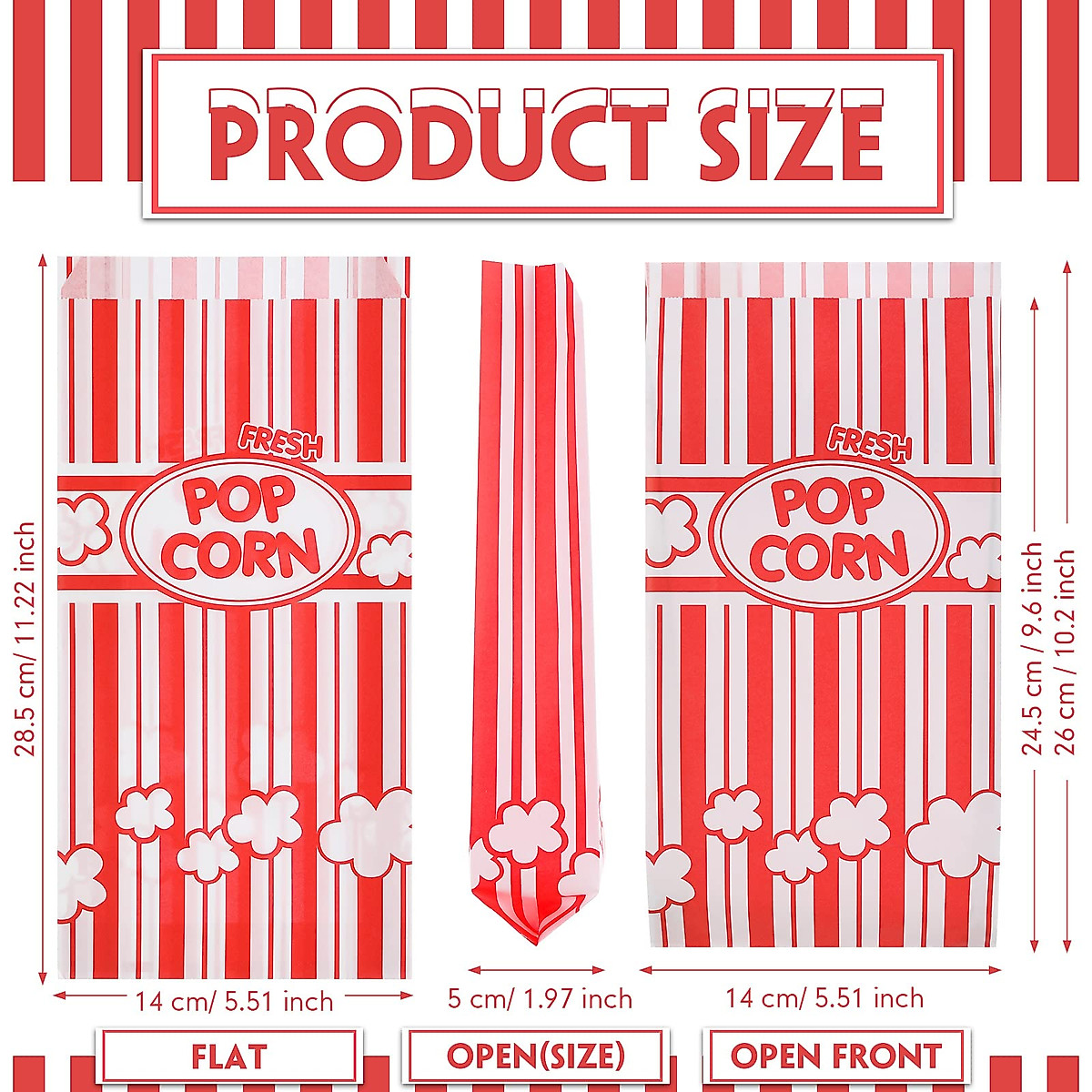 300 Pcs Popcorn Bags Paper Grease Resistant Popcorn Bags Disposable Red and White Striped Popcorn Container for Family Movie Night Movie Party Carnival Theater Popcorn Machine (1 oz)
