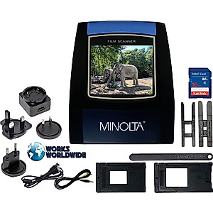 MINOLTA Film & Slide Scanner, Convert Color & B&W 35mm, 126, 110 Negative & Slides, Super 8 Films to 22MP JPEG Digital Photos, 16GB SD Card, Worldwide (Black)