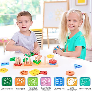 LotFancy Montessori Toys for 1 2 3 Year Old, Wooden Sorting & Stacking Toys, Educational Shape Sorter for Baby Toddlers Preschool Kids