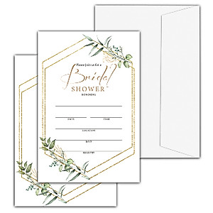 Greenery Eucalyptus Bridal Shower Invitations with Envelopes, 25 Pcs Gold Foil Blank Fill-in Invites for Wedding Reception, Engagement Party, Bachelorette Party(10)