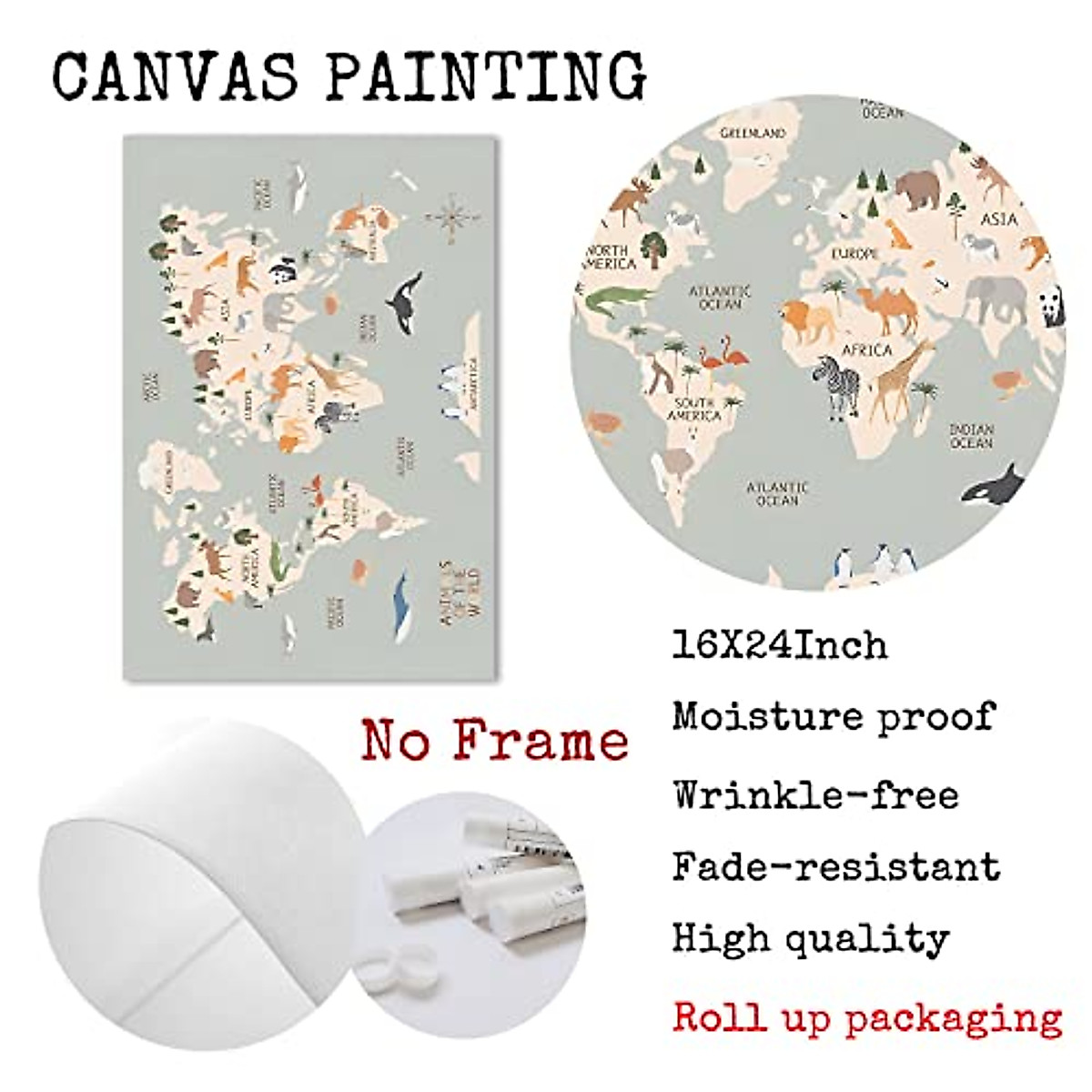World Map Poster Animals Nursery Educational Wall Pictures Green World Map Wall Art Animal Nursery Pictures Animal Map Canvas Wall Art Nursery World Map Wall Art Watercolor Map Wall Art 16x24in No Frame