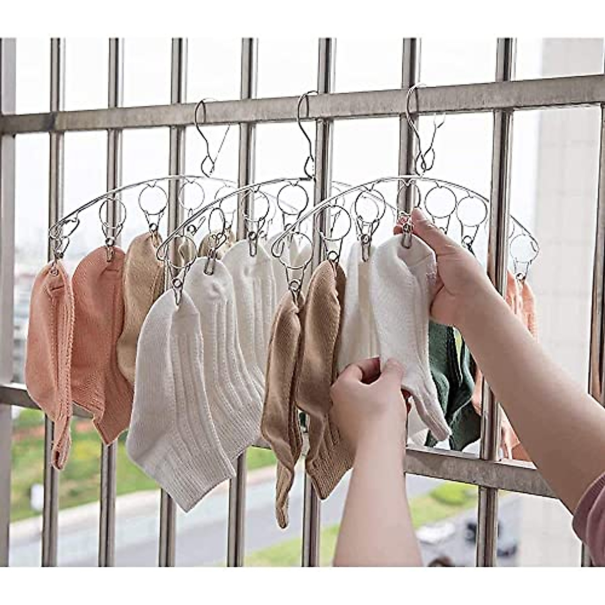 WudTus Clothes Hanger with 10 Clips, Stainless Steel, Windproof, for Drying Socks, Bras, Underwears, Baby Clothes, Hats, Scarfs, Towels, Pants and Gloves (4 Pack)