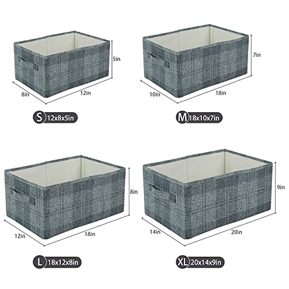 ANMINY 2PCS Storage Bins Set Foldable Cotton Linen Open Storage Baskets Box with Handles Washable PP Plastic Board Plaid Pattern Decorative Nursery Baby Kid Clothes Laundry Organizer - Gray, Medium